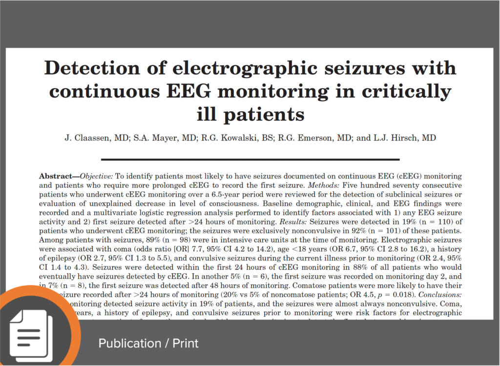 Detection of electrographic seizures with continuous EEG monitoring in critically ill patients ...